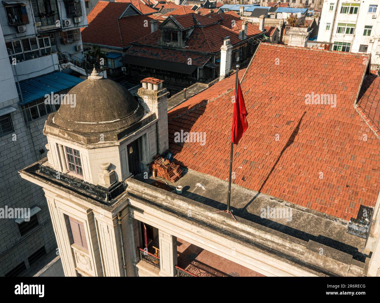 An aerial view of a vibrant urban landscape: century-old historical ...