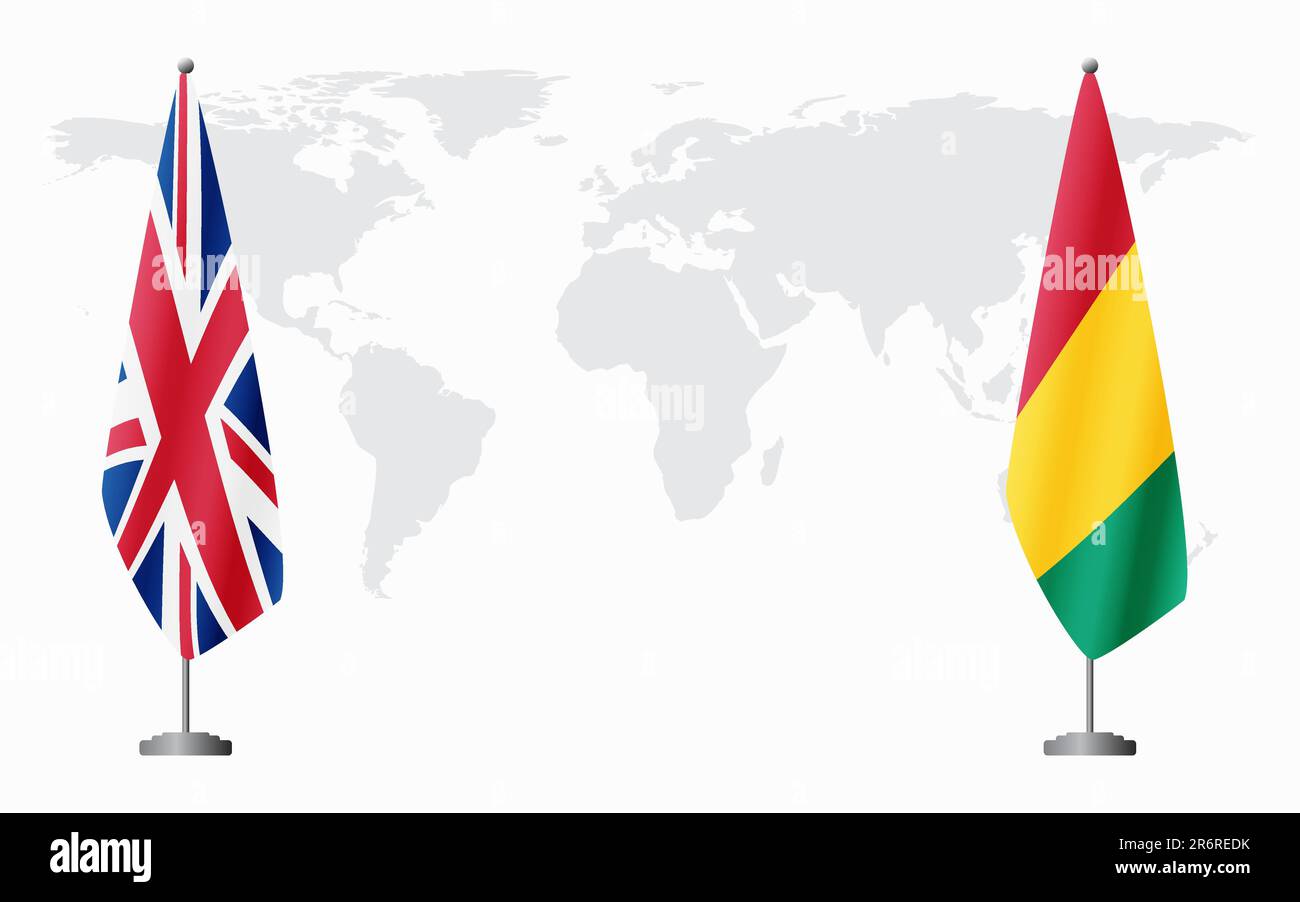 United Kingdom and Guinea flags for official meeting against background ...