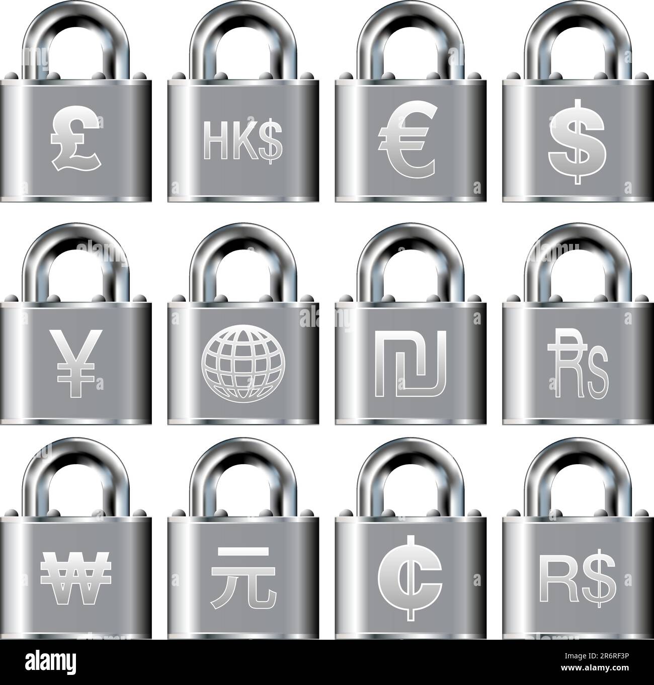 International currency symbol icons on security padlock buttons Stock ...
