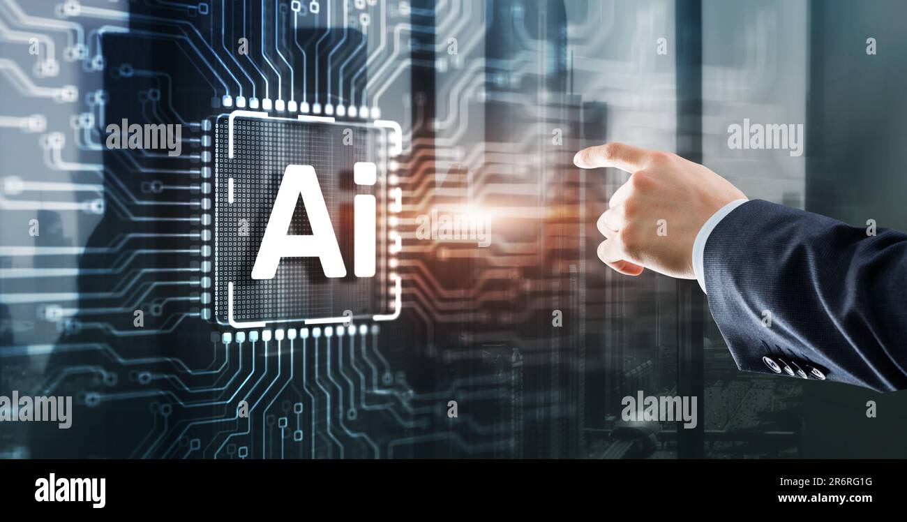 Man clicking on a virtual screen: Artificial intelligence chip. Ai ...