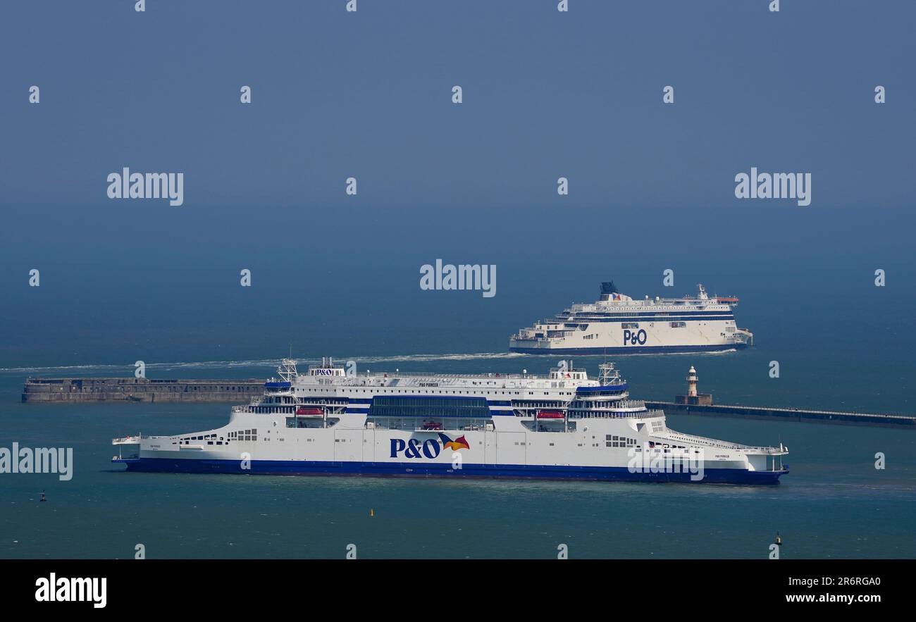 The P&O Pioneer ferry (bottom) arrives at the Port of Dover in Kent ...