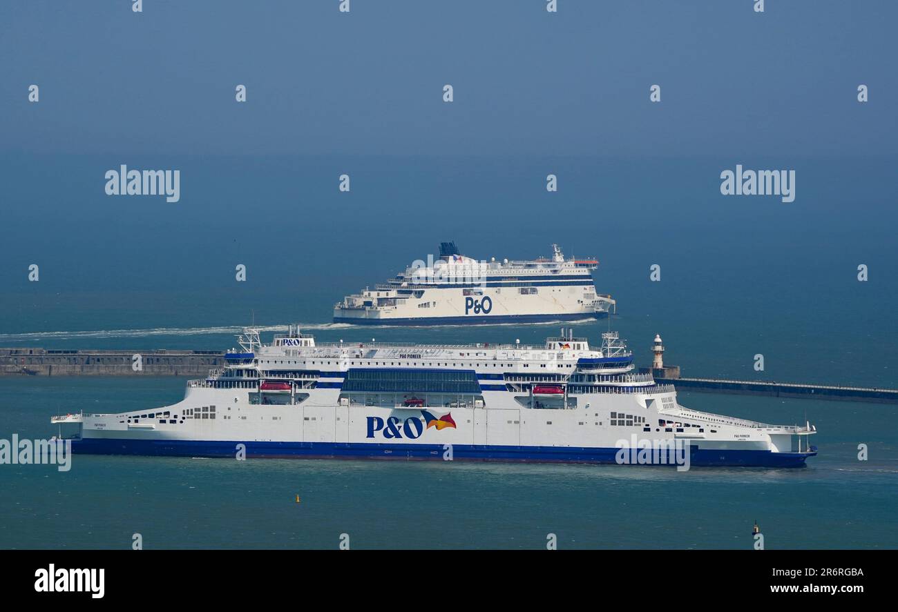 The P&O Pioneer ferry (bottom) arrives at the Port of Dover in Kent ...