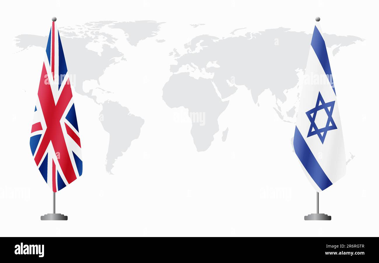 United Kingdom and Israel flags for official meeting against background ...