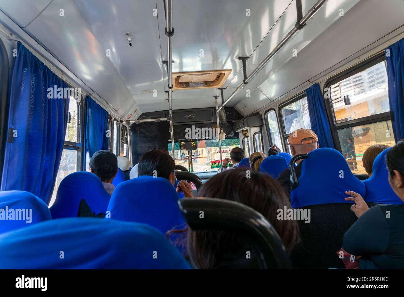 Inside local minibus bus public transport travelling to Tepoztlán ...