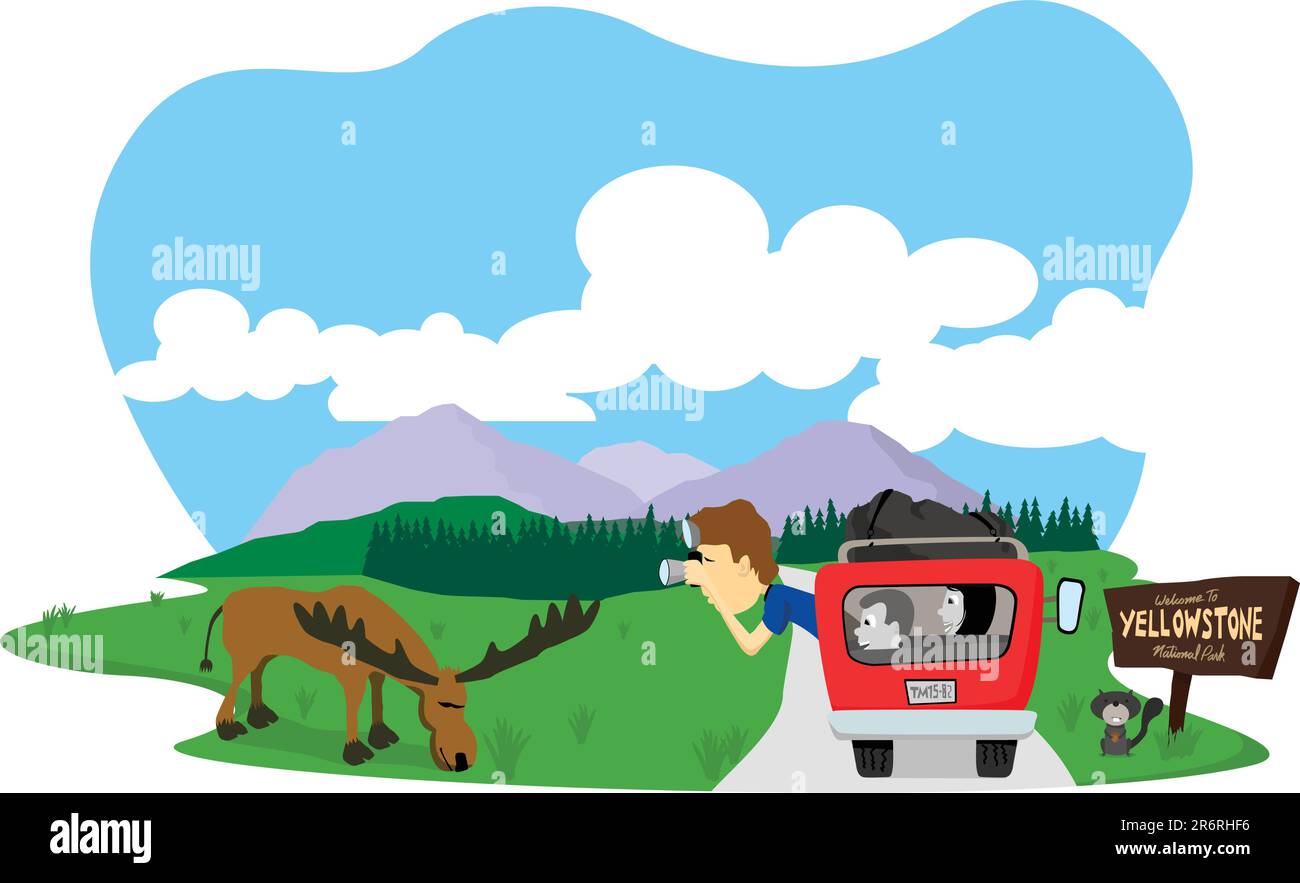 Vector illustration of a man taking a picture of a moose at Yellowstone ...