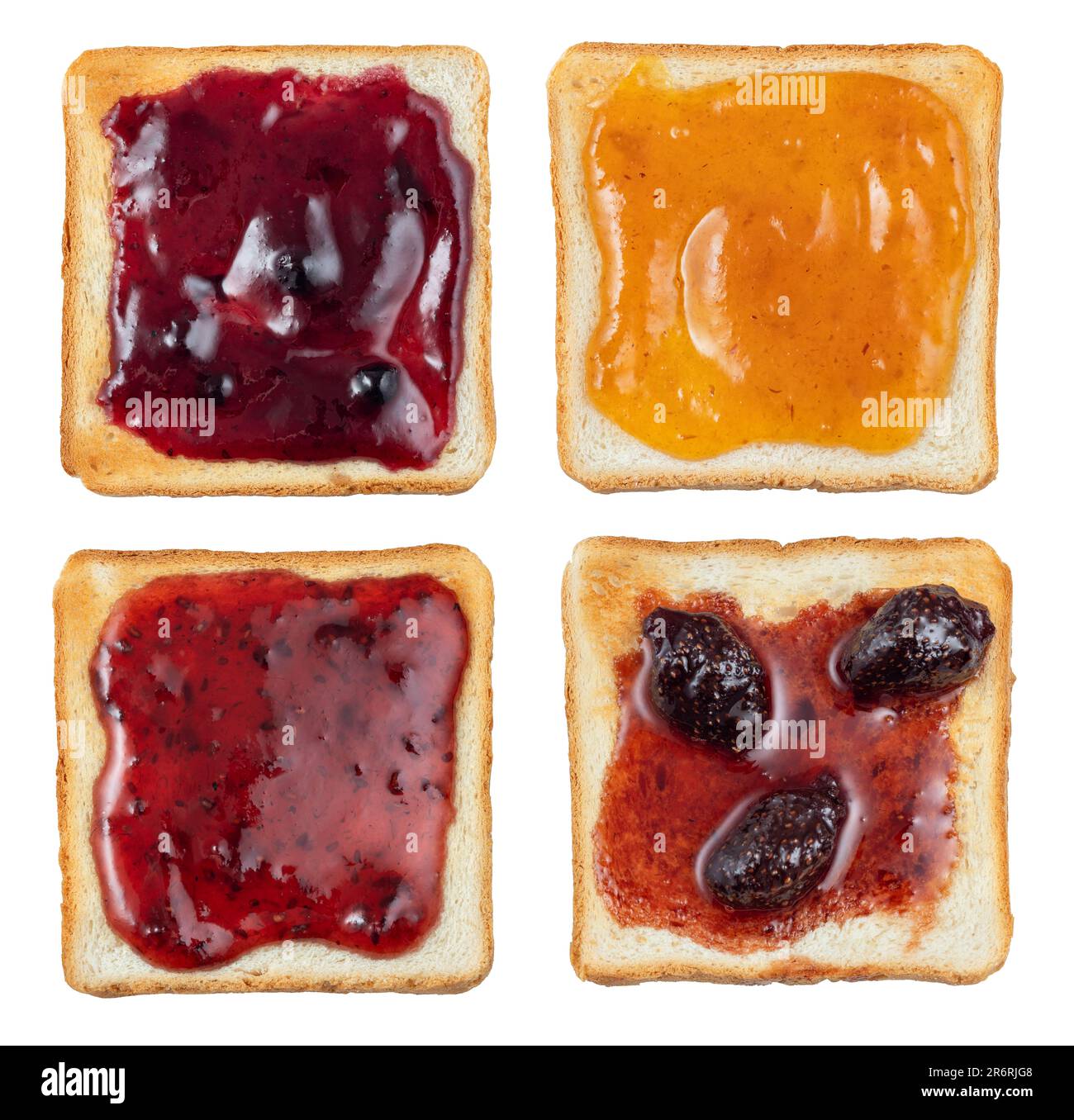 top view set of bread toasts with different types of jam isolated on ...