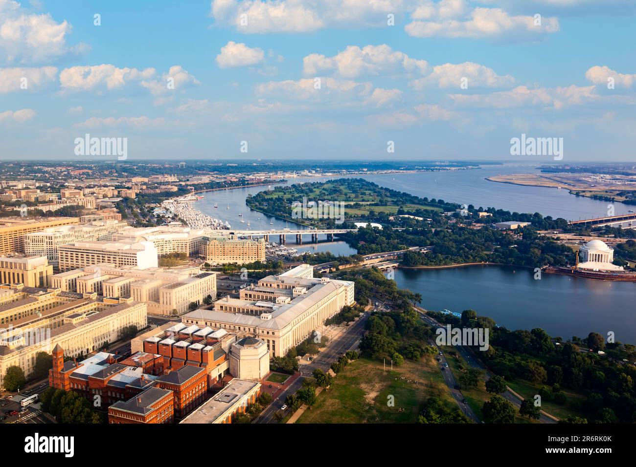aerial of Washington with potomac river, historic government buildings ...