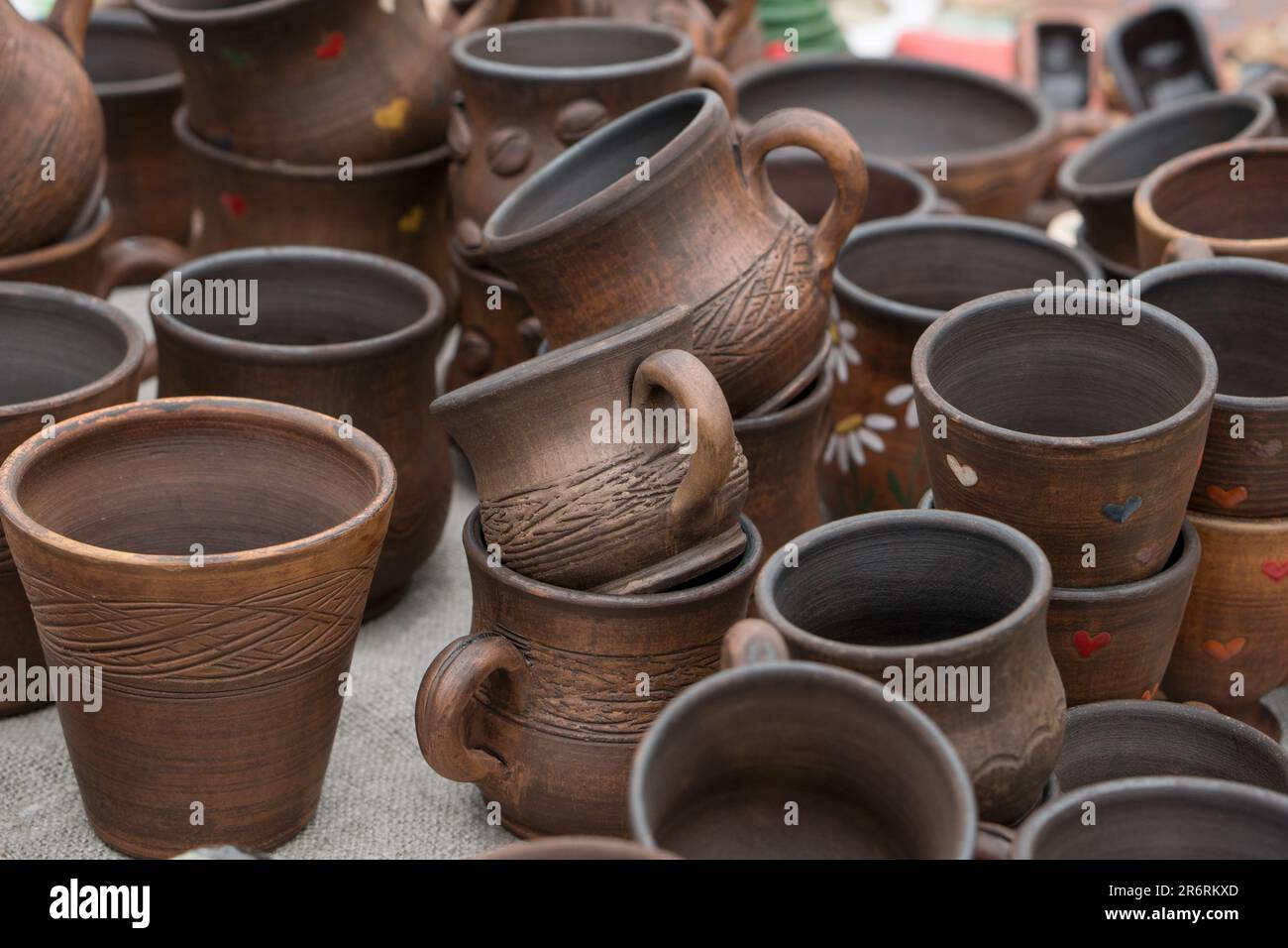 Different examples of tradtional ukrainian clay pottery: pots, jars ...