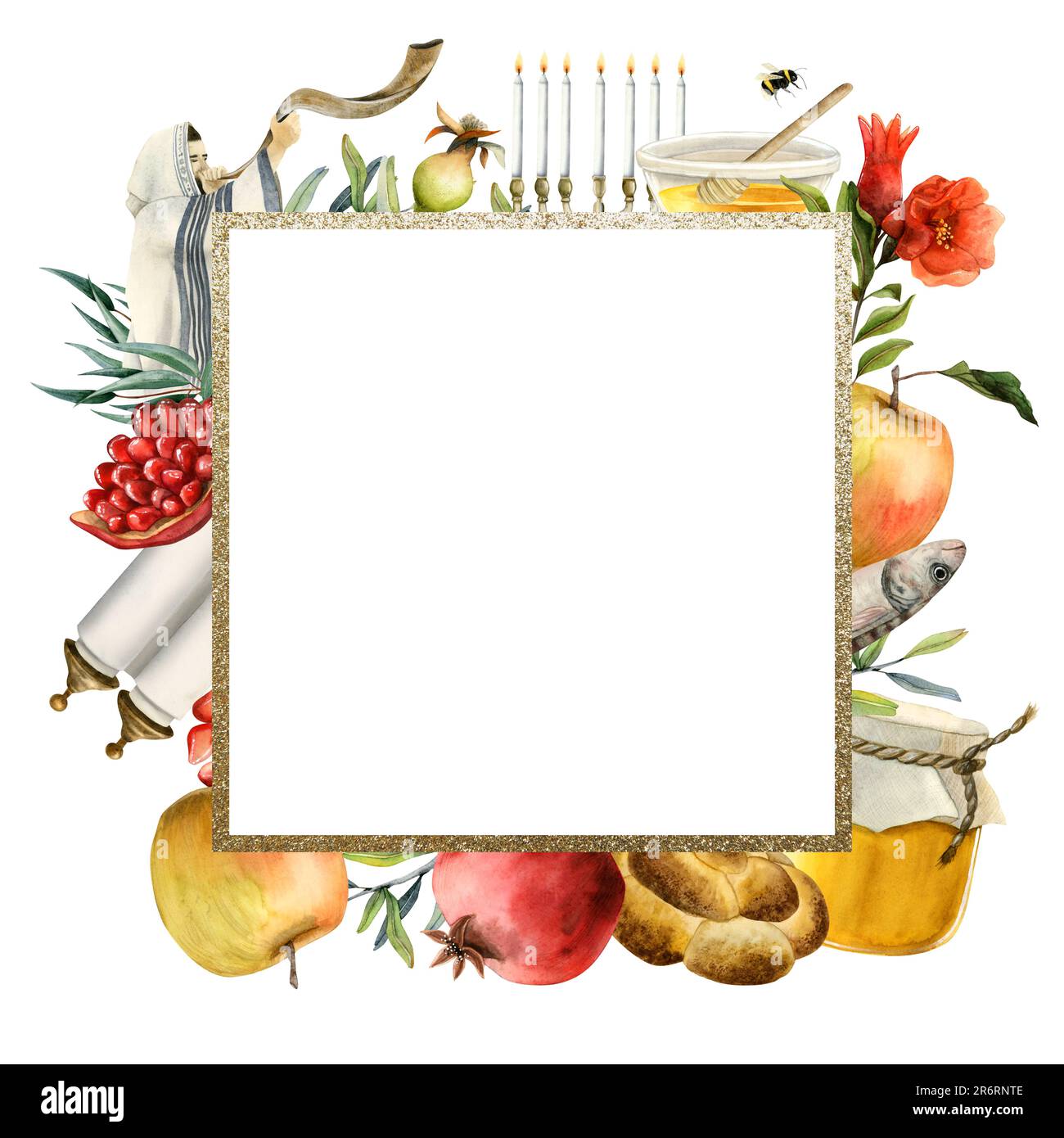 Rosh Hashanah square greeting card template watercolor illustration ...