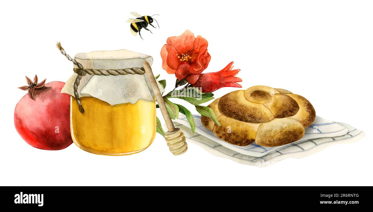 Shanah Tovah Rosh Hashanah symbols horizontal greeting banner with ...