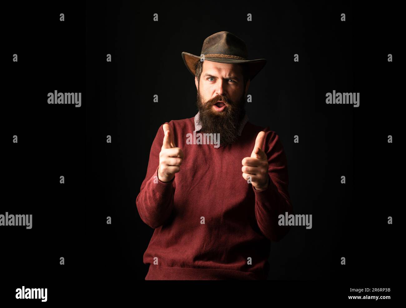 Cowboy man shouting with hand pistol gun pistogesture. Cowboy man in ...