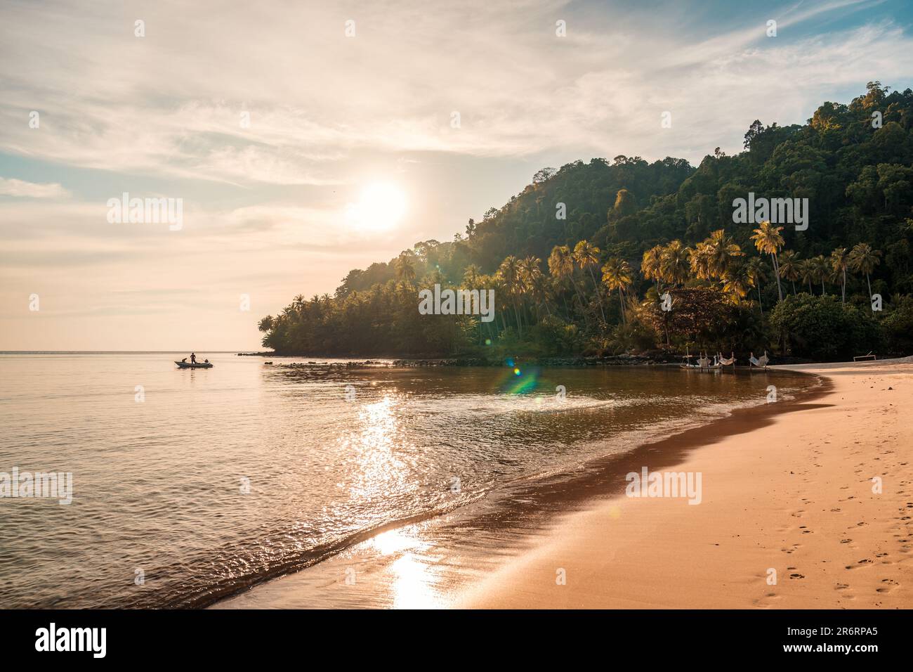 Beautiful tropical sea beach and palm forest in summer at the sunset ...