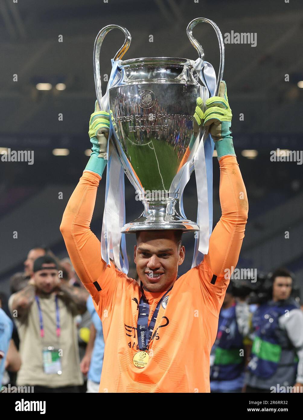 Istanbul, Turkey. 10th June, 2023. Ederson of Manchester City lifts the ...