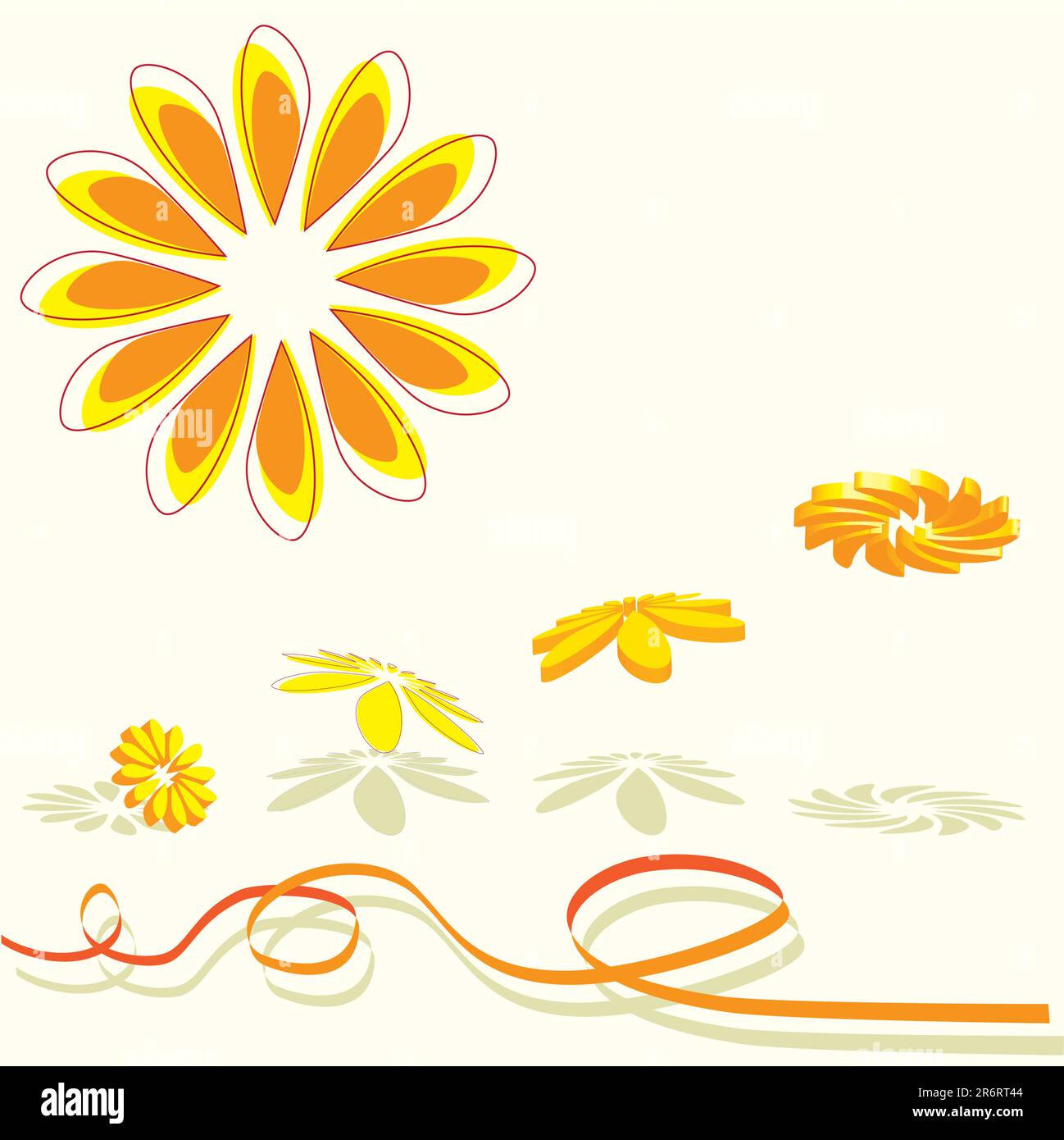 3D flying of a collection of orange flowers with shade and ribbon Stock ...