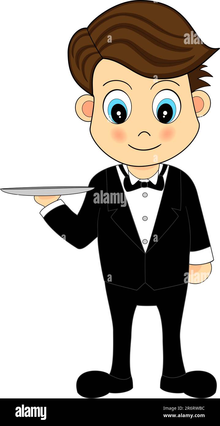 Illustration of a cartoon cute waitor in a suit with a tray Stock ...