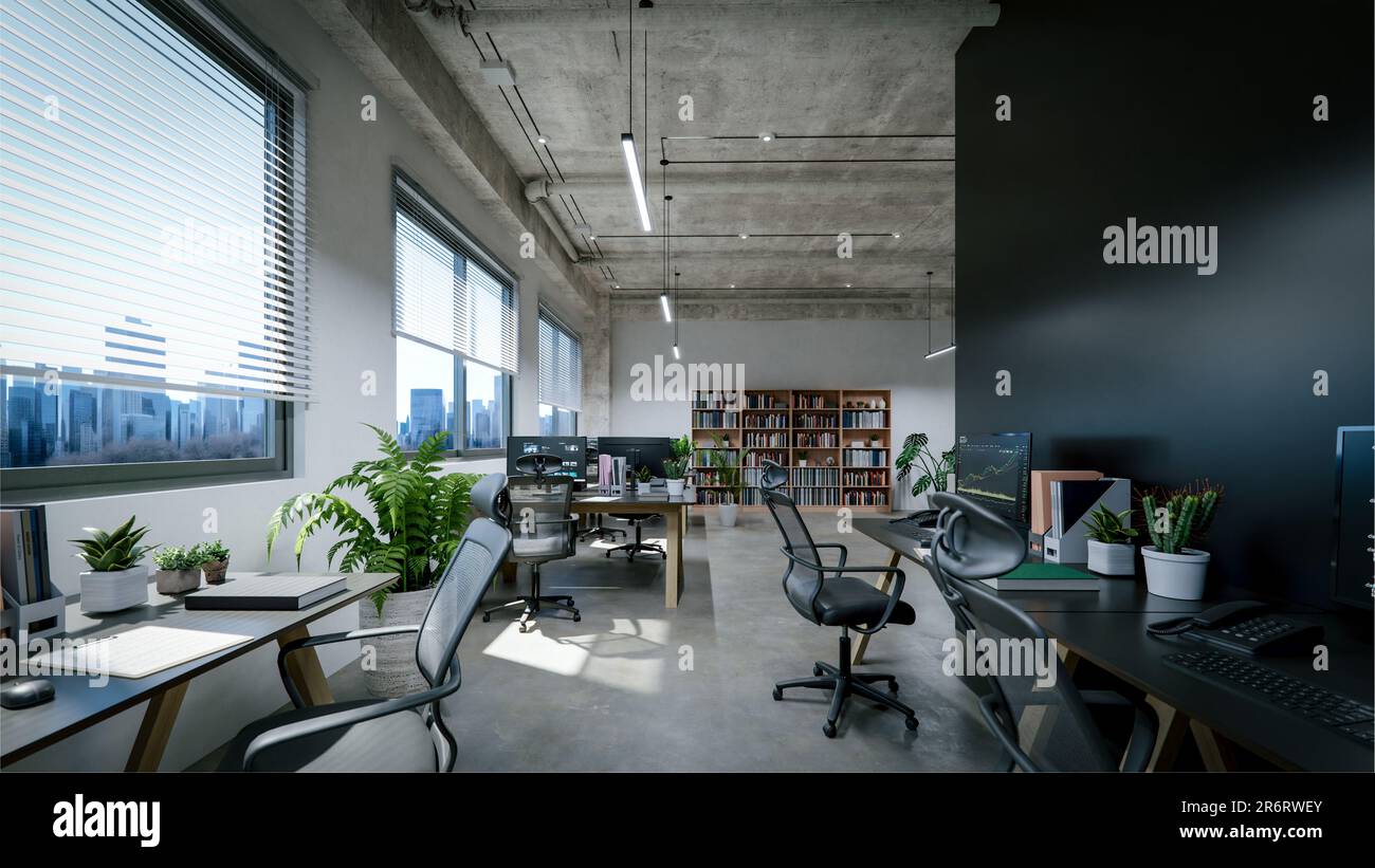 Interior of a modern office with exposed concrete ceiling and floor. 3d ...