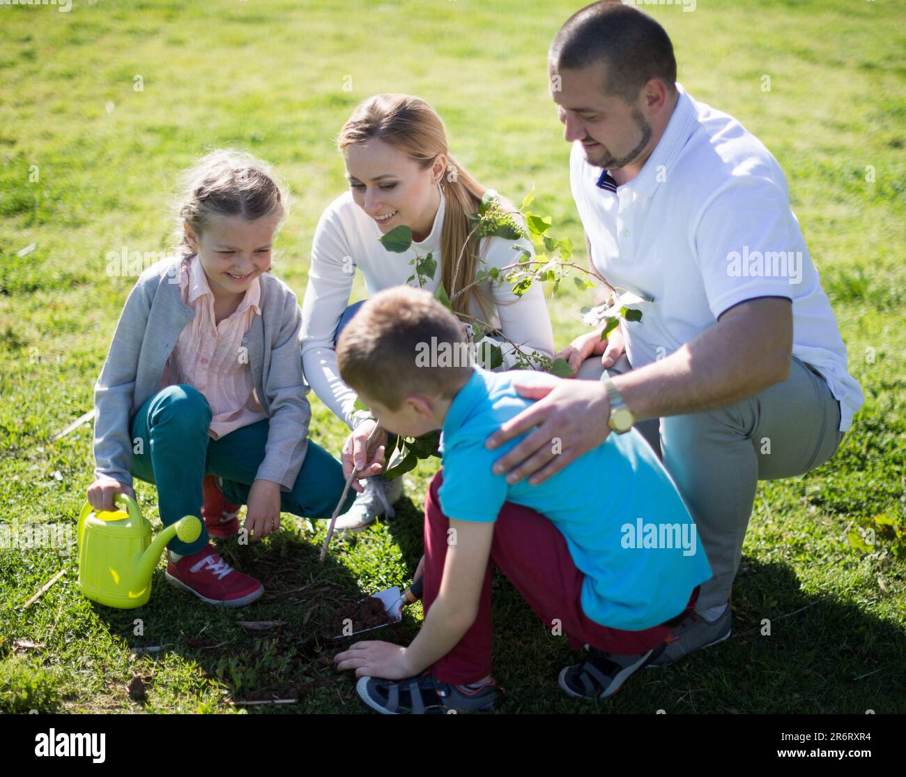 Family parents and children planting tree sapling in summer park Stock ...