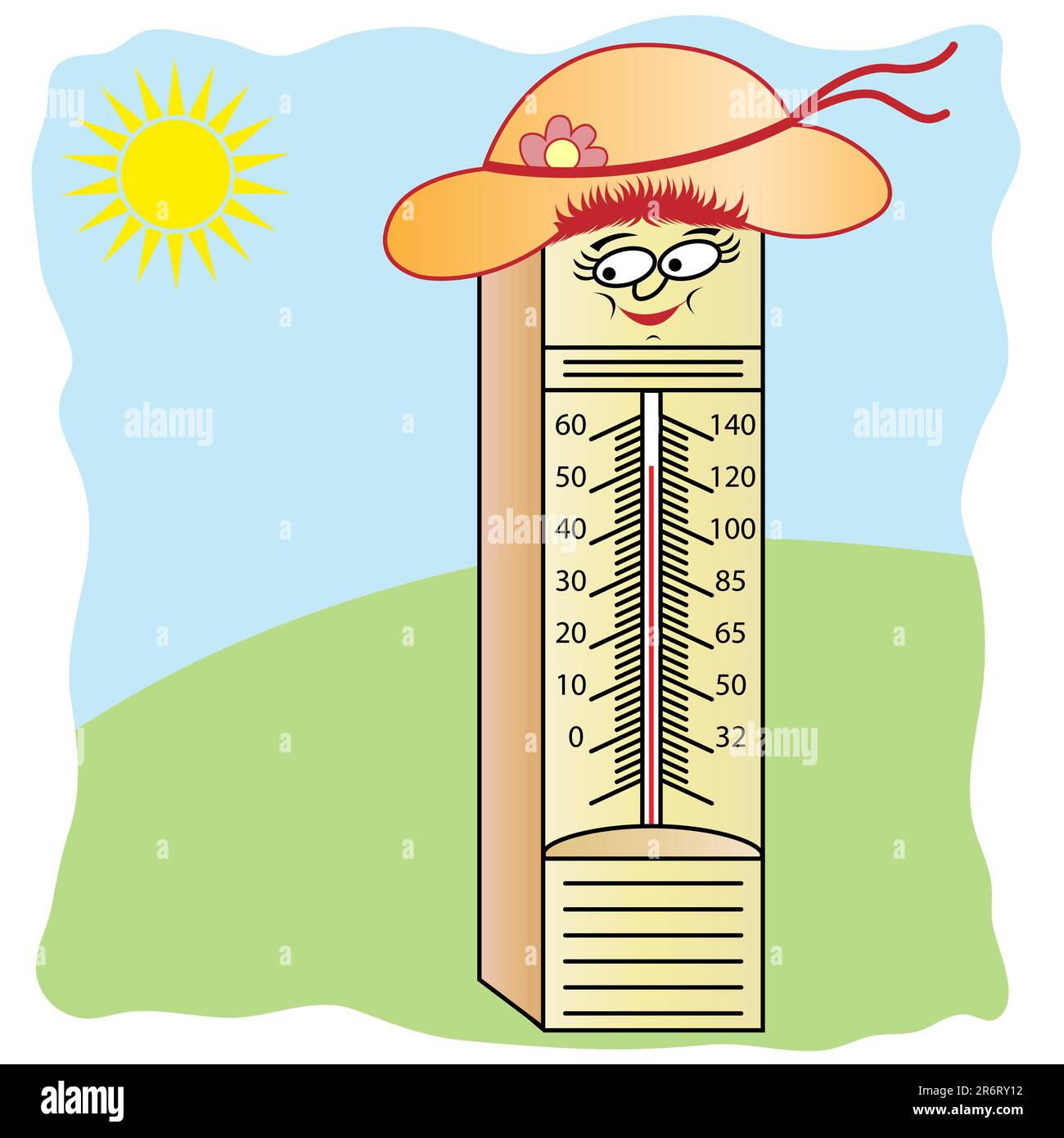 Thermometer cartoon character with a smiling face, wearing a summer hat ...