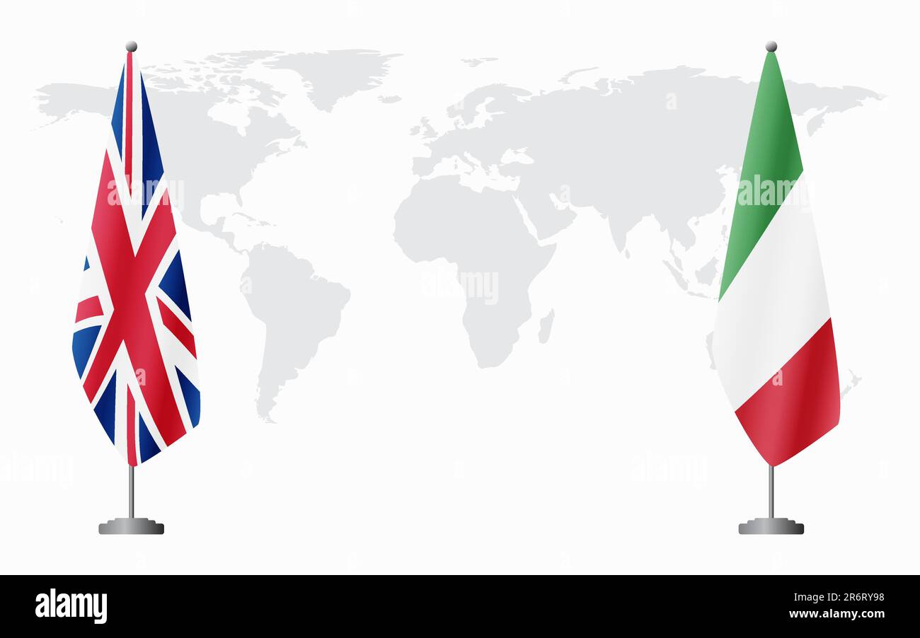 United Kingdom and Italy flags for official meeting against background ...