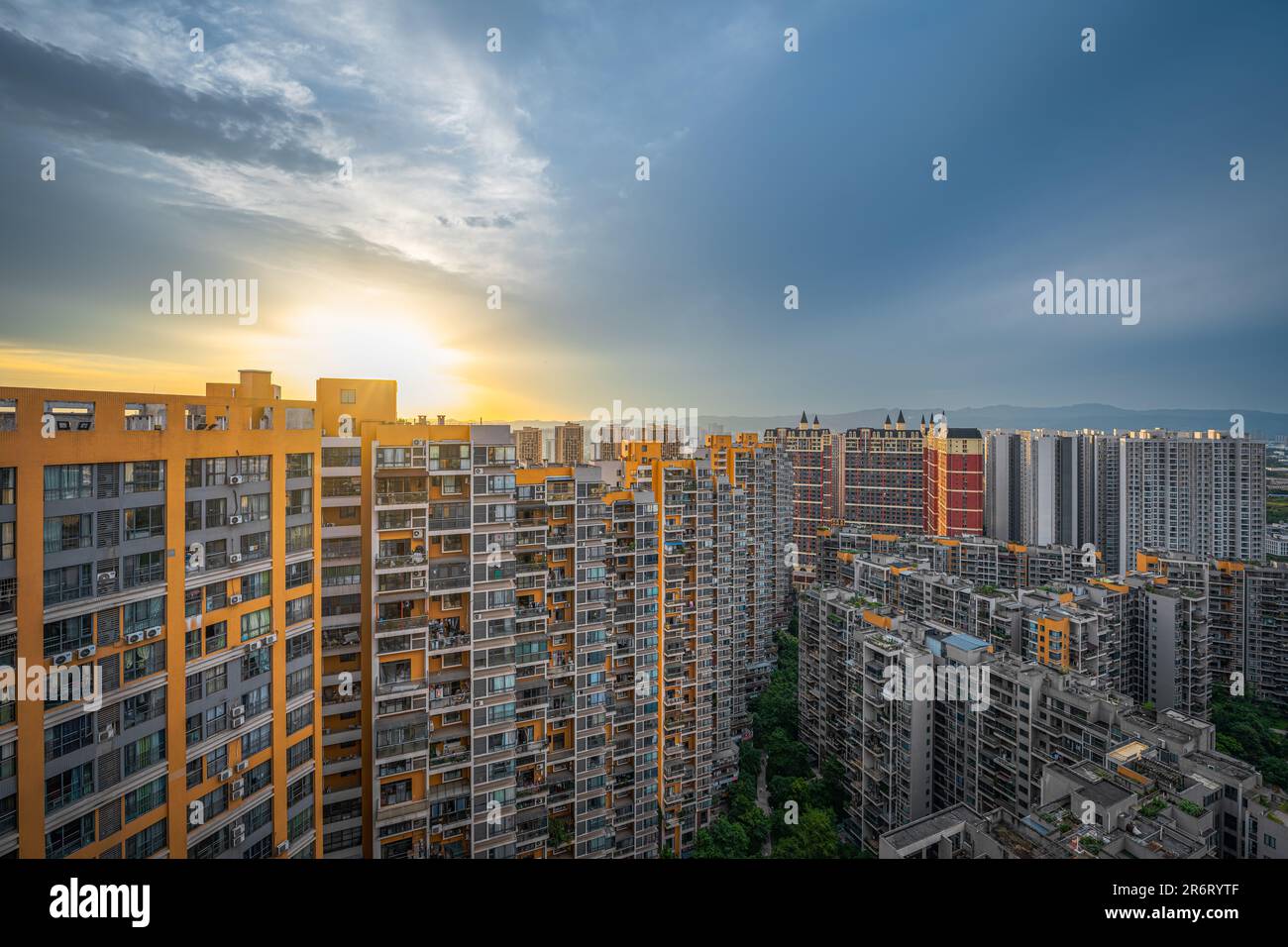 The sunrise shines on the residential buildings in Chengdu Stock Photo ...