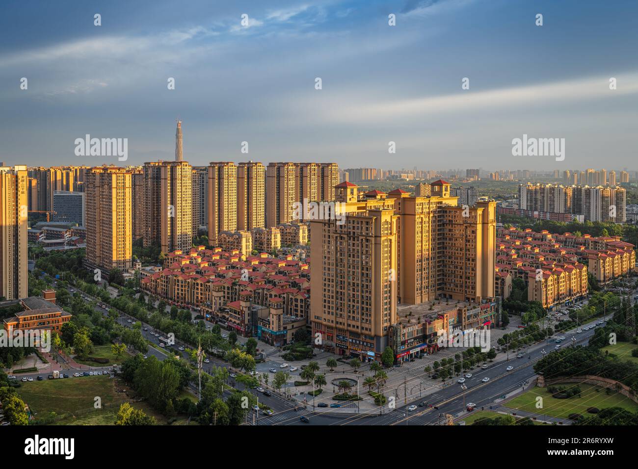 The sunrise shines on the residential buildings in Chengdu Stock Photo ...