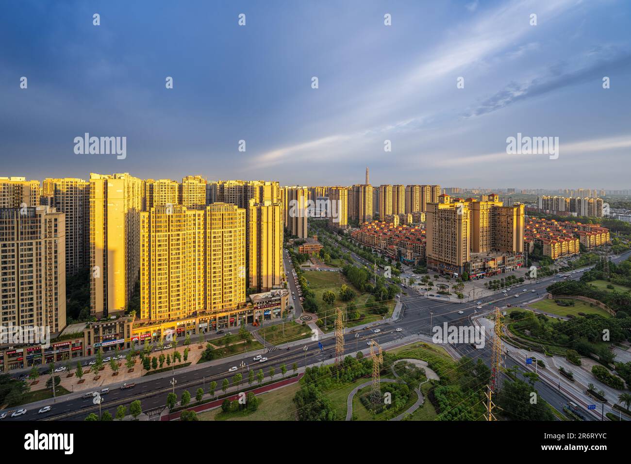 The sunrise shines on the residential buildings in Chengdu Stock Photo ...