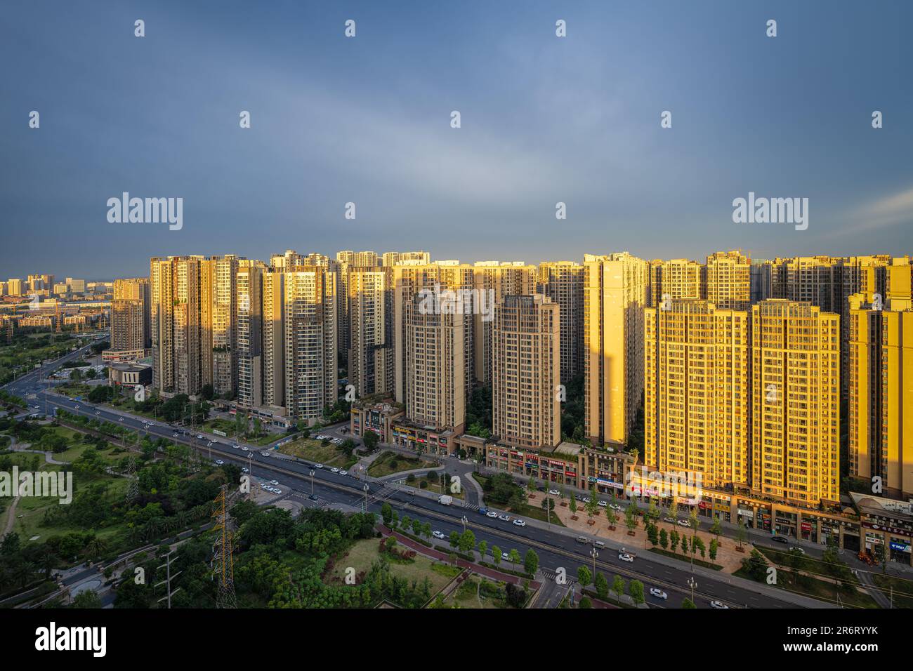 The sunrise shines on the residential buildings in Chengdu Stock Photo ...