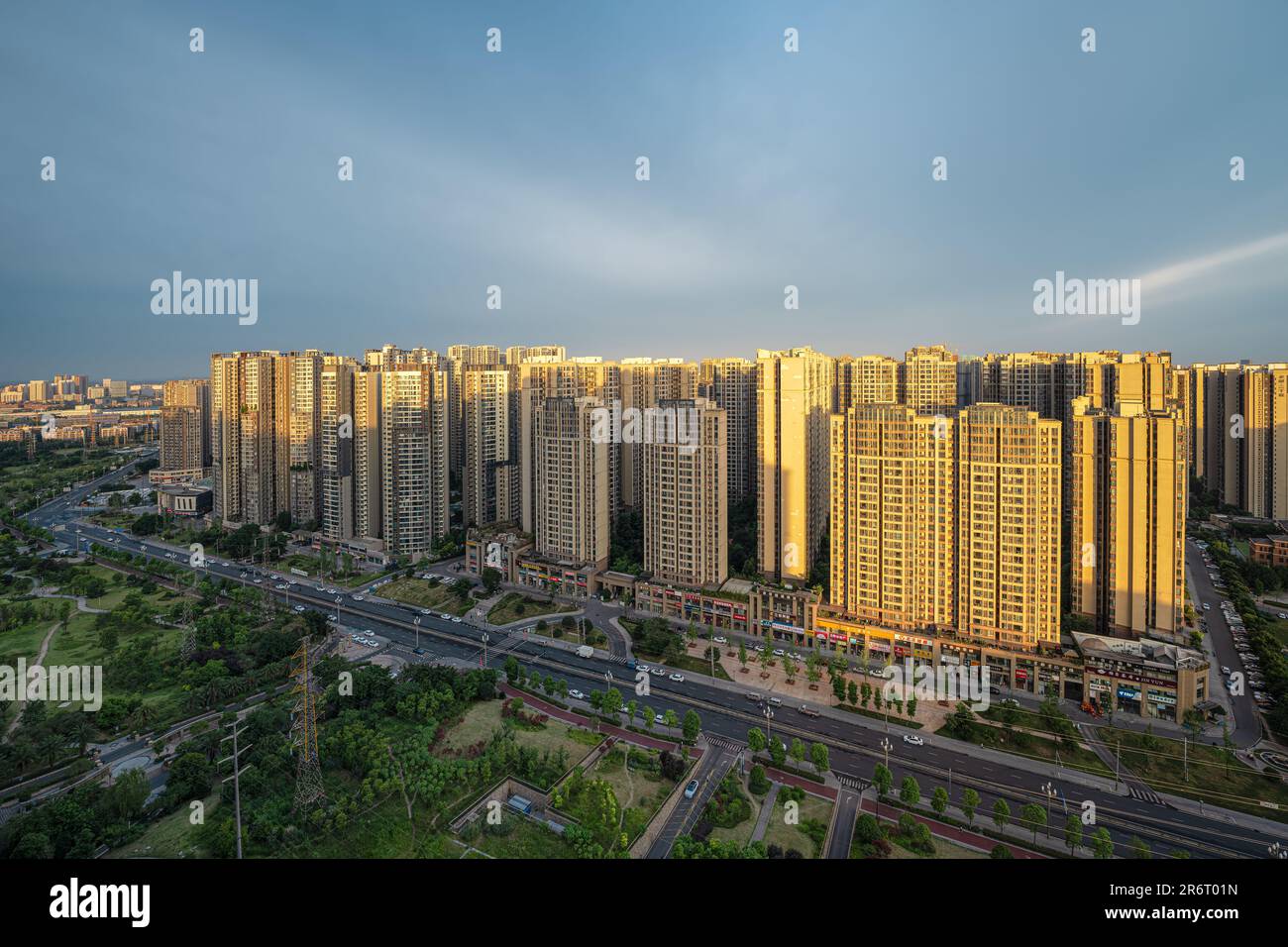 The sunrise shines on the residential buildings in Chengdu Stock Photo ...