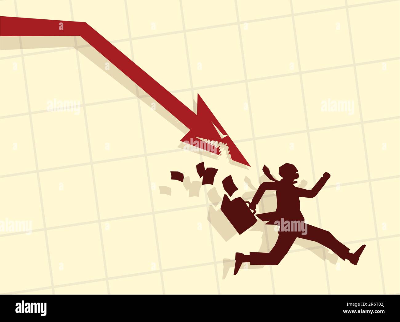 Vector illustration of businessman running from shark-shaped arrow ...