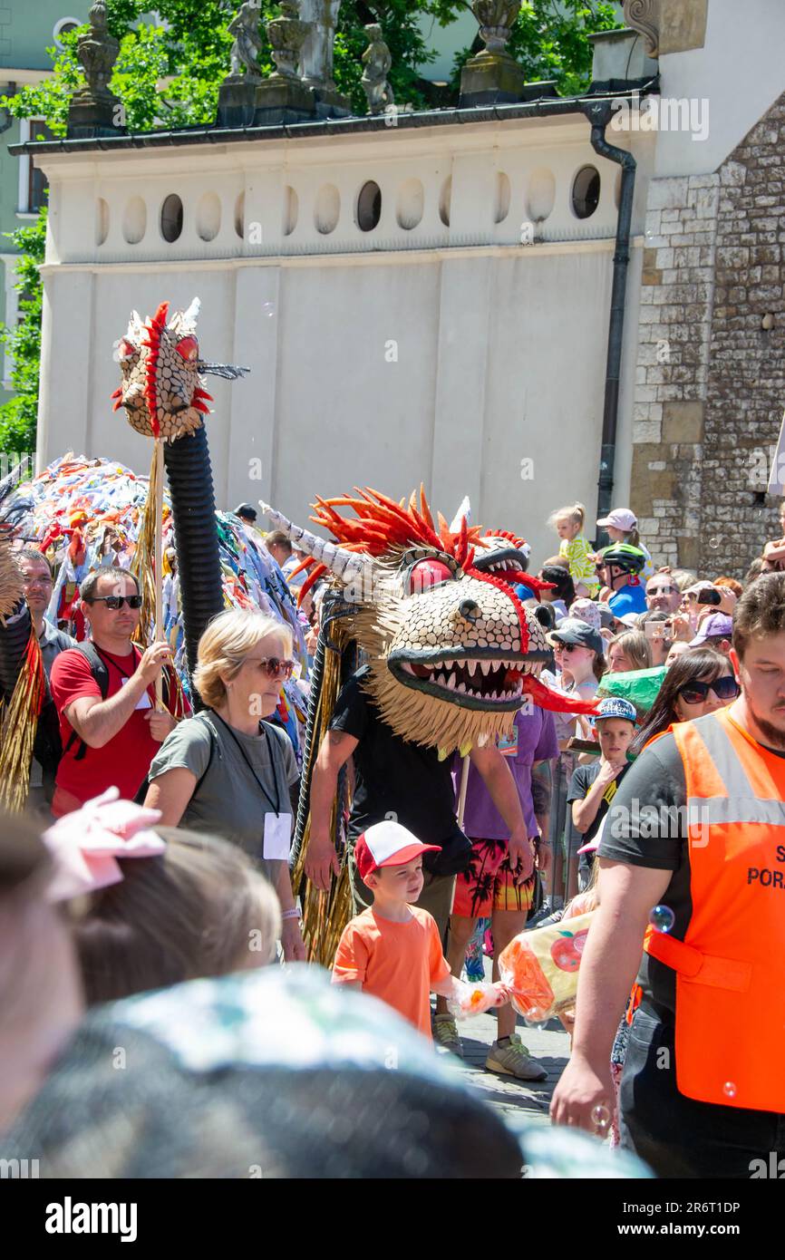 Cracow, Malopolska, Poland - 04.06.2023: The animated dragon marching ...