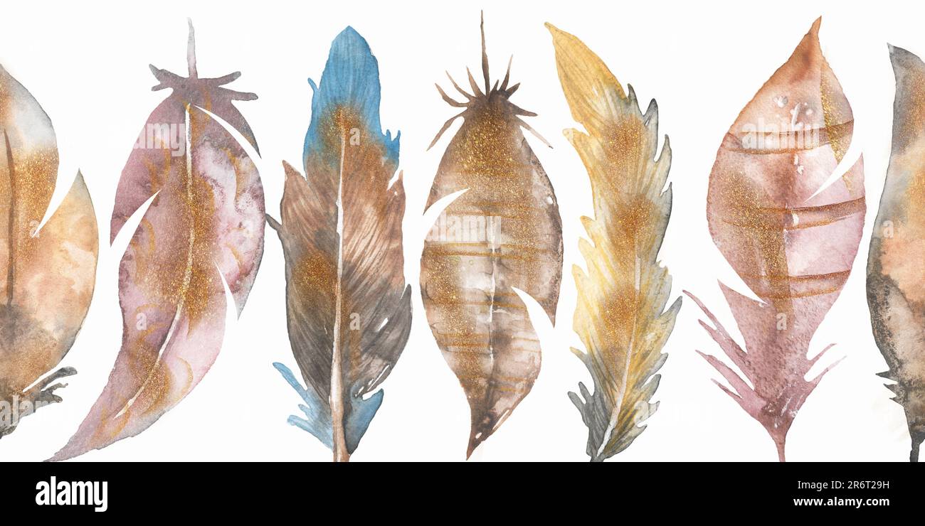 Watercolor hand drawn feathers seamless border, boho decor clipart ...
