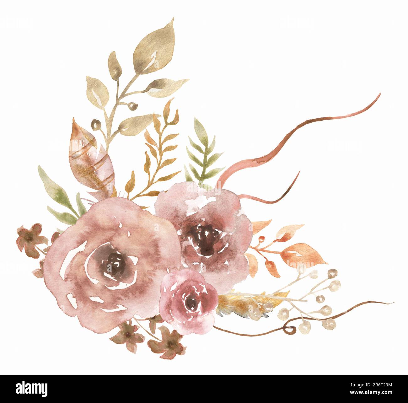 Watercolor hand drawn dusty pink peony, leaves and feathers bouquet ...