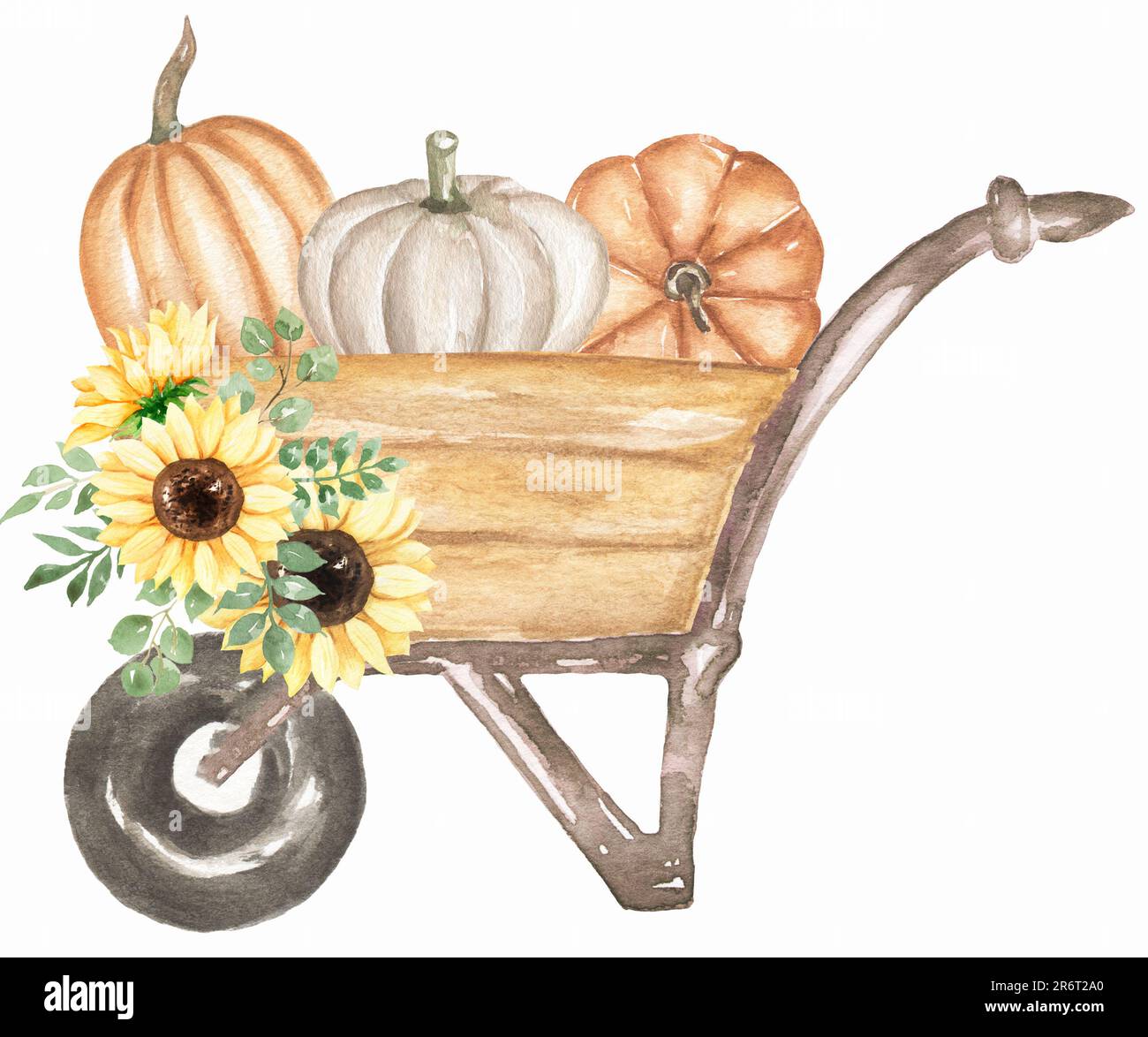 Watercolor hand drawn garden cart with pumpkins and sunflower bouquet ...