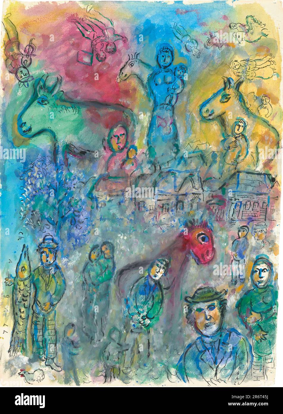 Célébration au village sur fond multicolore. Museum: PRIVATE COLLECTION. Author: MARC CHAGALL ...