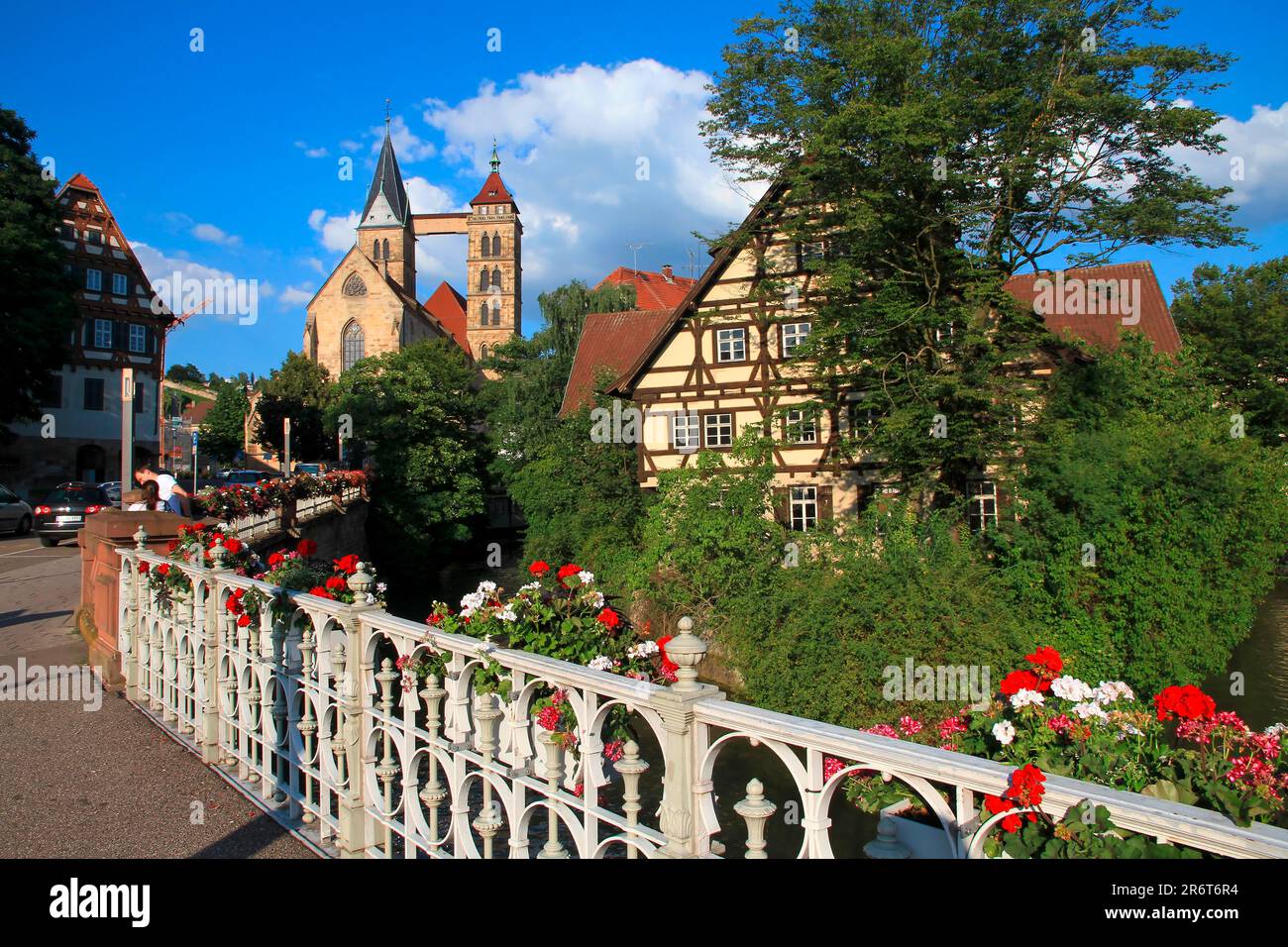 View from the canal to the town church of St. Dionys in the old town of ...