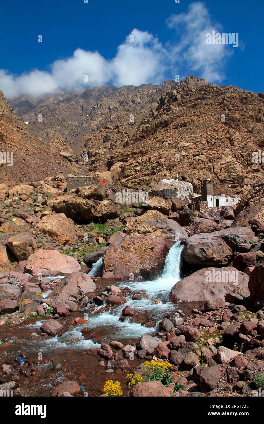 Mountain stream at the mountain village of Sidi Chamharouch, High Atlas ...