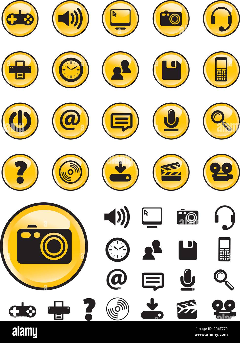 Computer Media icons on yellow buttons with NO TRANSPARENCIES, totally ...