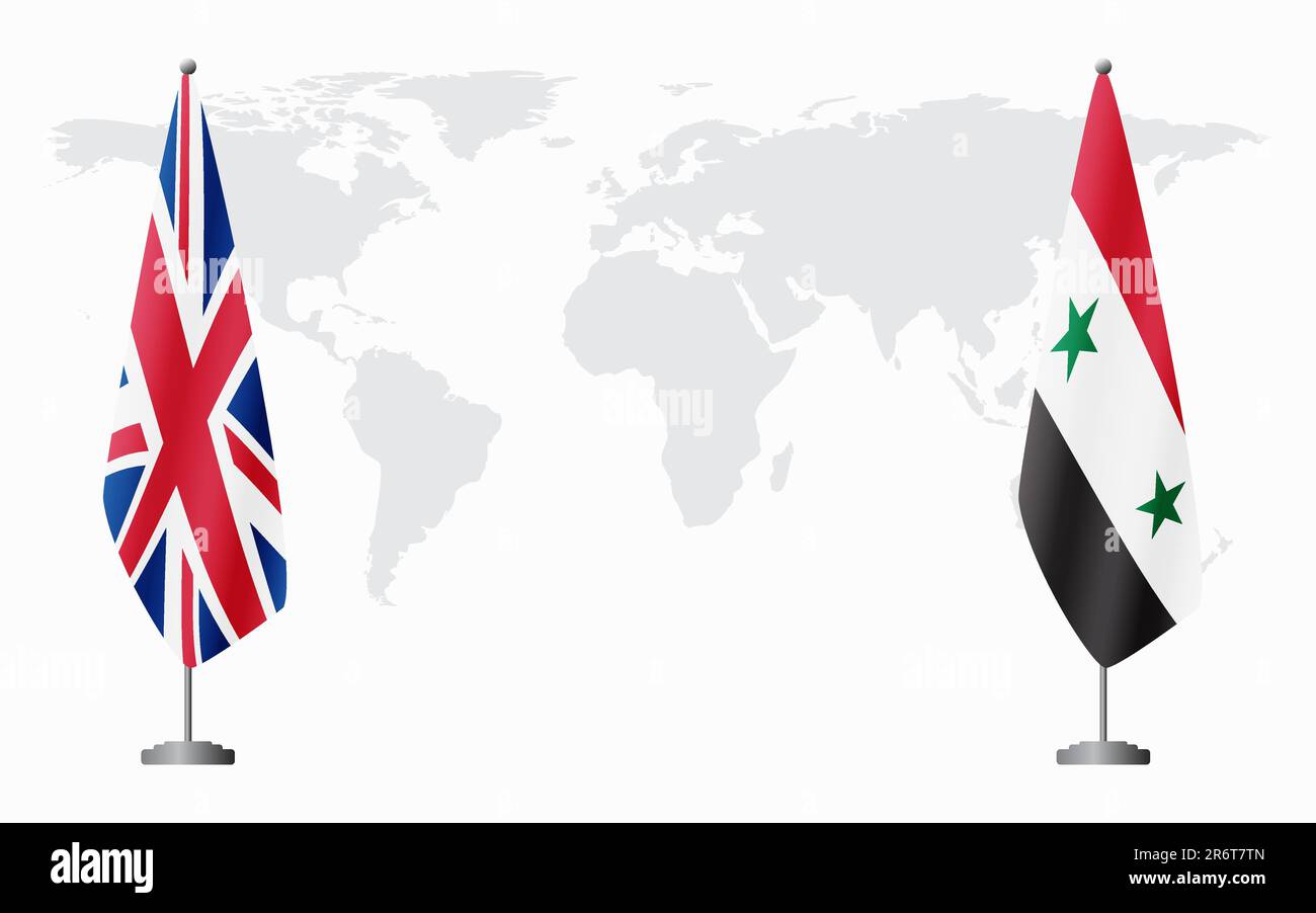 United Kingdom and Syria flags for official meeting against background ...