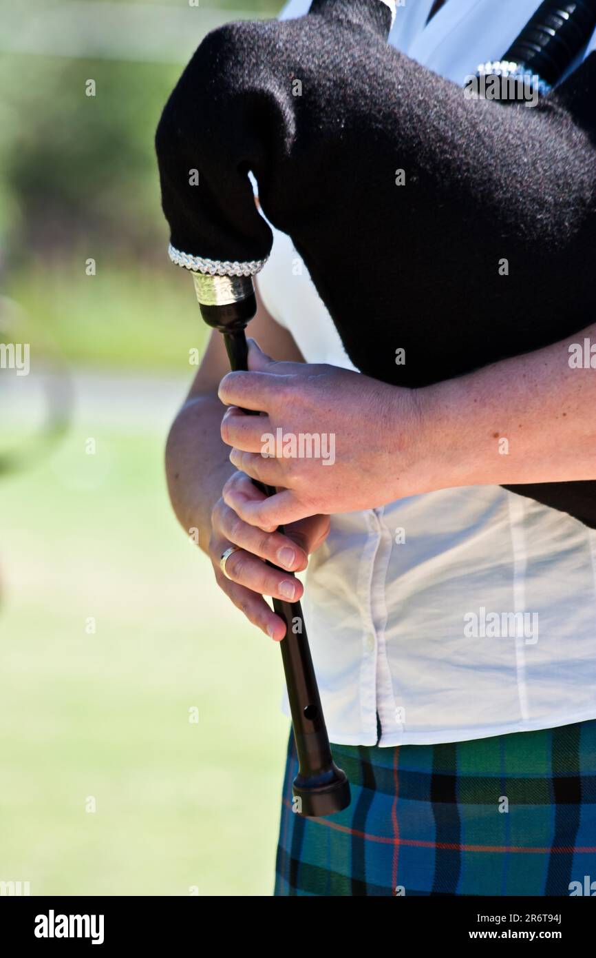 Detail of a bagpipe exibition during Highland Games Stock Photo - Alamy