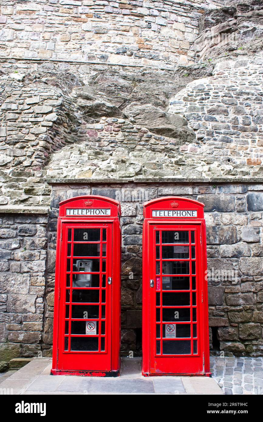 Traditional British landmark: two red telephone boxes in Edimburgh ...
