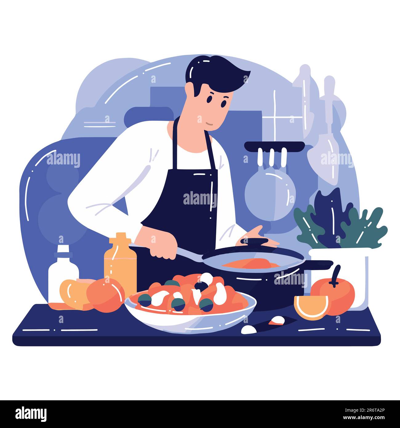 Hand Drawn chef cooking in the kitchen flat style illustration for ...