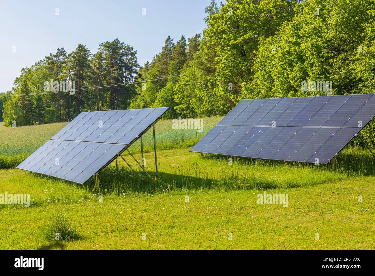 Close-up view of big solar panels installed on ground. Sweden Stock ...