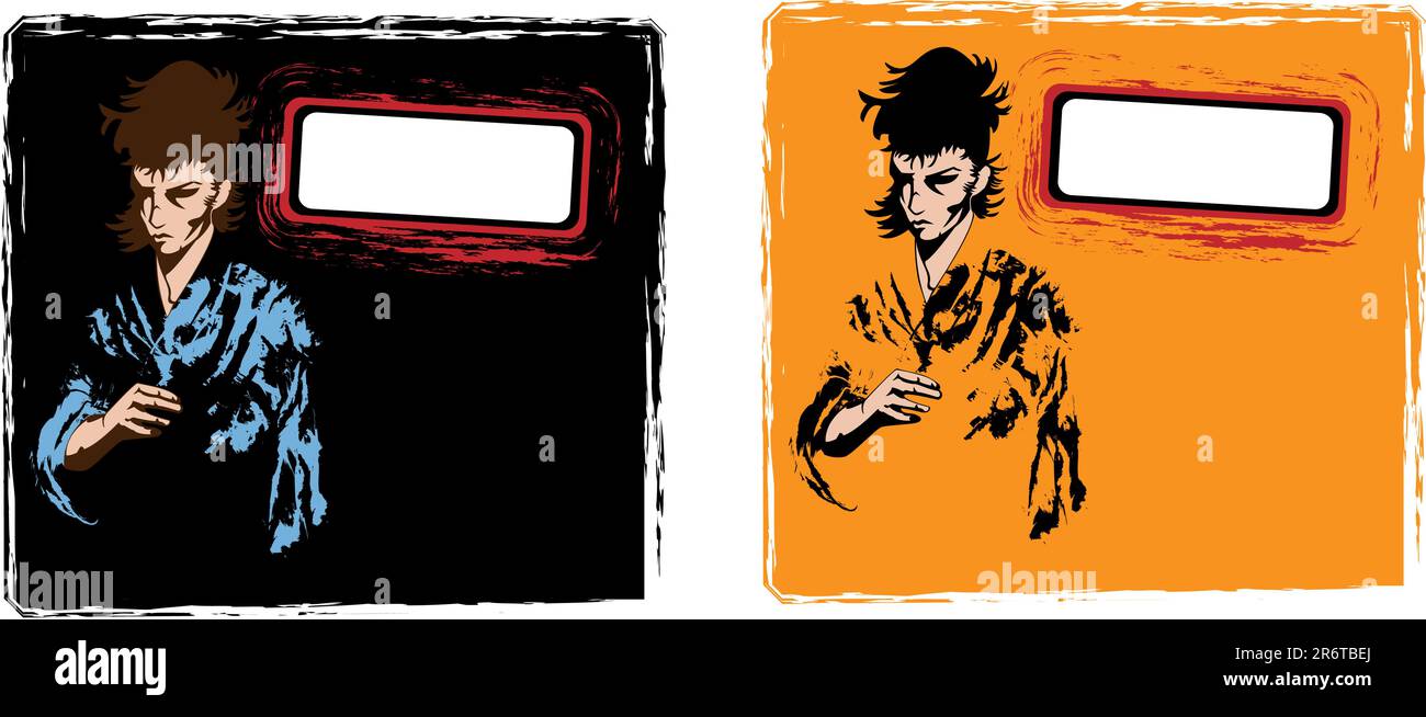 vector set of samurai with grunge labels and background Stock Vector ...
