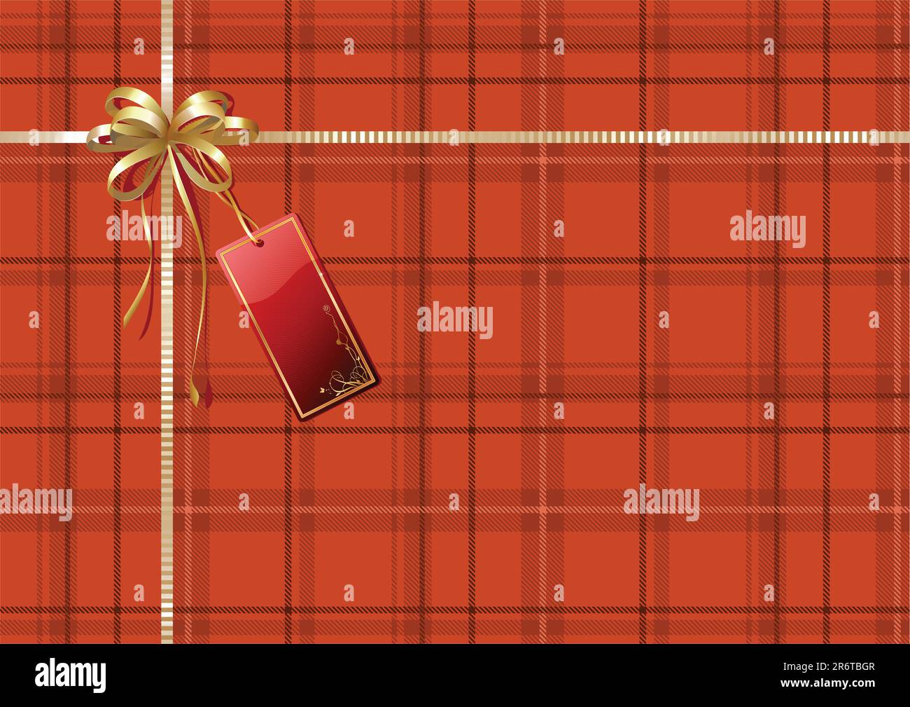 Vector illustration of Scottish plaid gift wrapping with golden ribbon ...