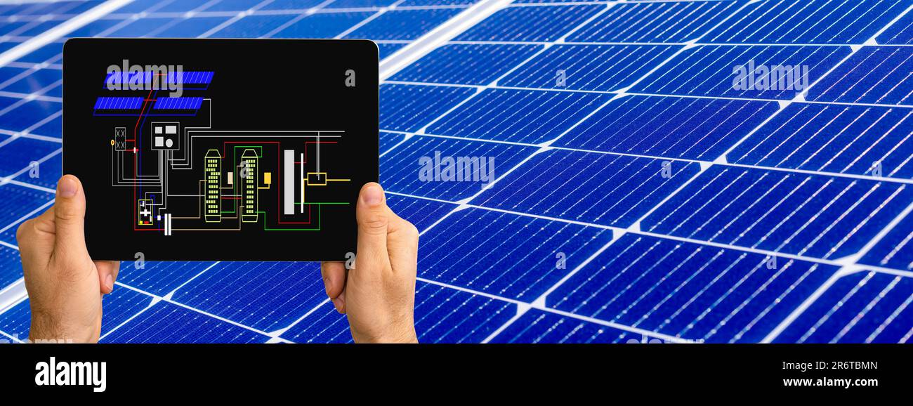 Solar scheme of solar farm on screen of digital device, engineering and ...