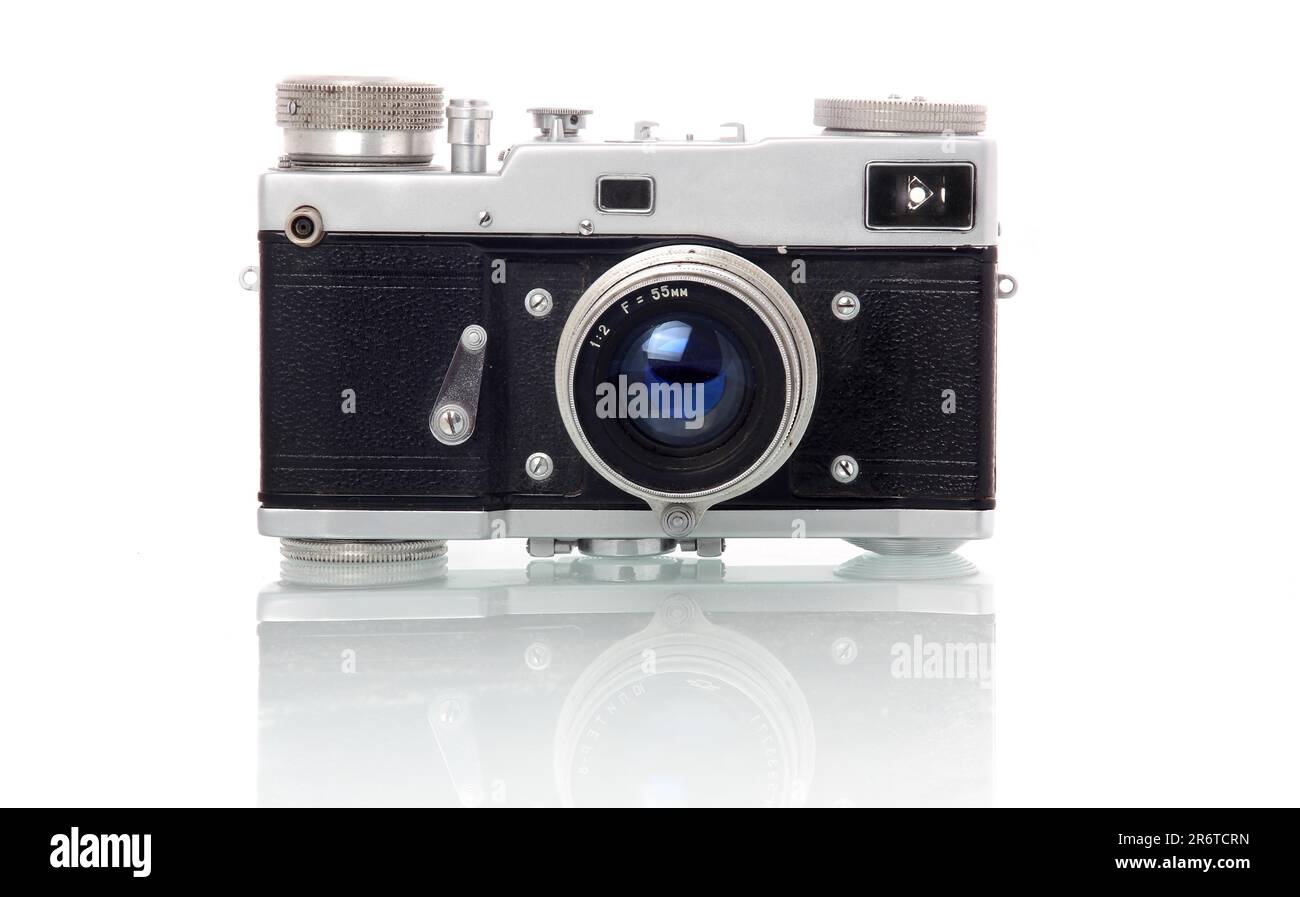 Retro-styled 35 mm film photo camera isolated on white background Stock ...