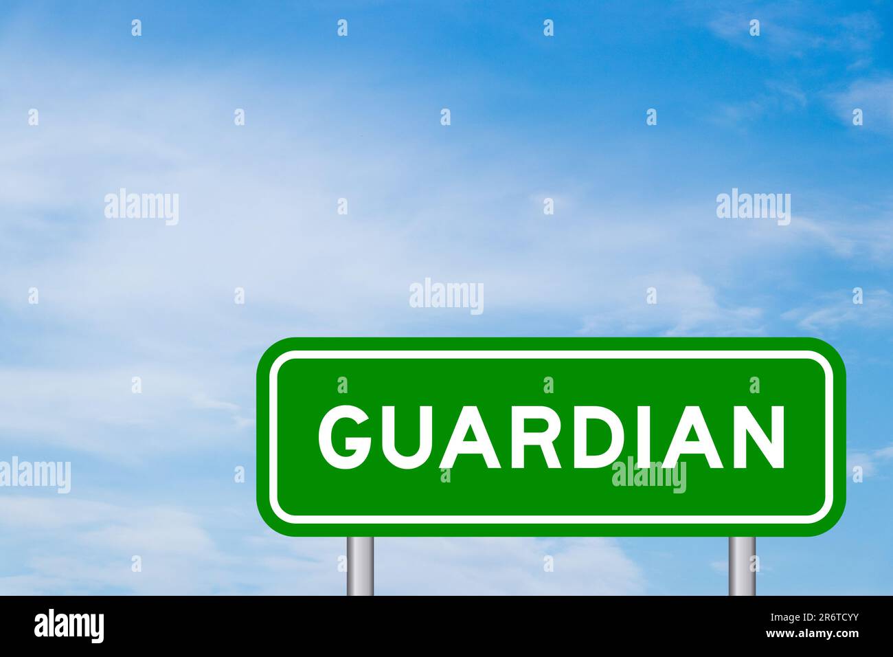 Green color transportation sign with word guardian on blue sky with ...