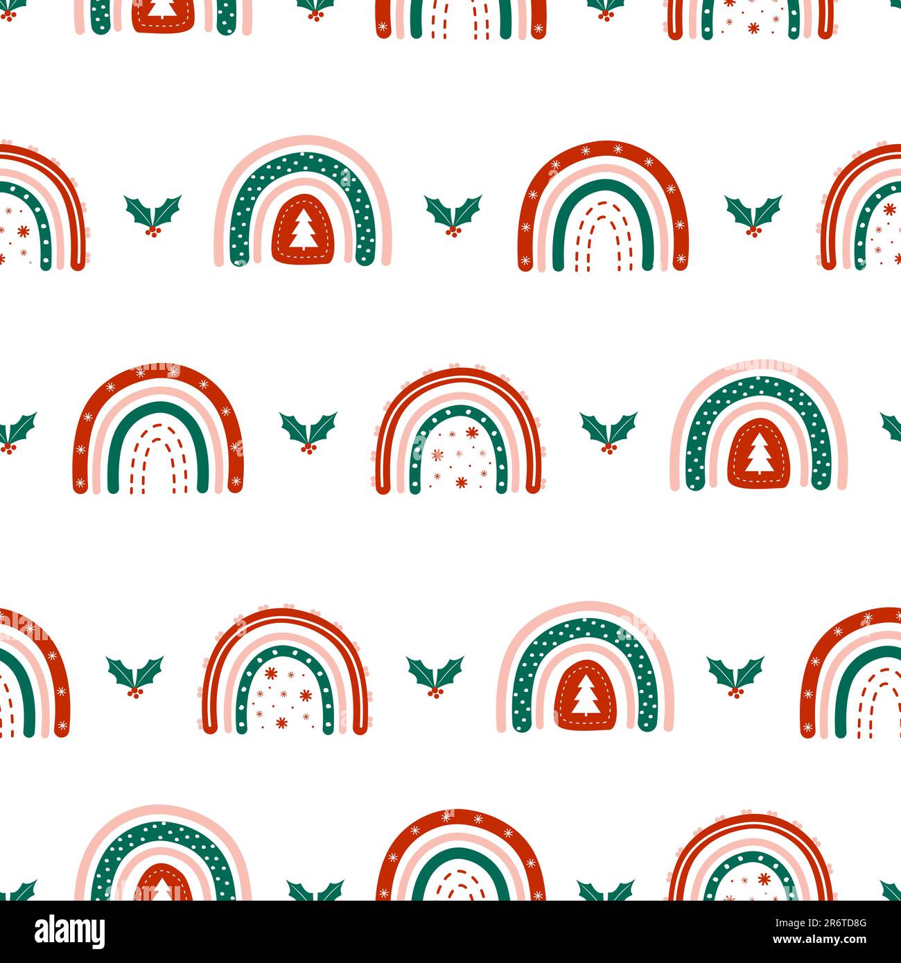 Christmas seamless pattern with rainbows and holly berry leaves. Cute ...