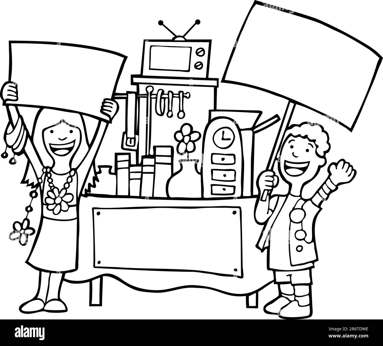 Two kids promote their yard sale - black and white Stock Vector Image ...
