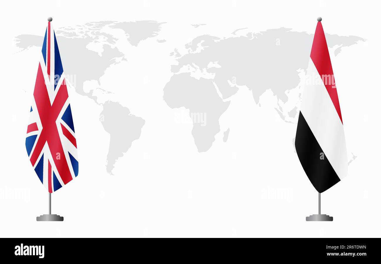 United Kingdom and Yemen flags for official meeting against background ...